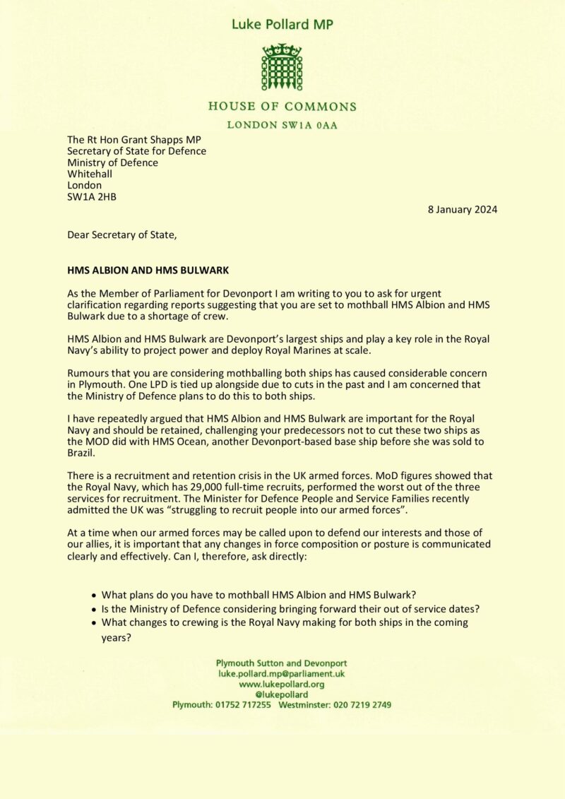 Luke seeks answers from MoD on HMS Albion and HMS Bulwark - Luke Pollard MP